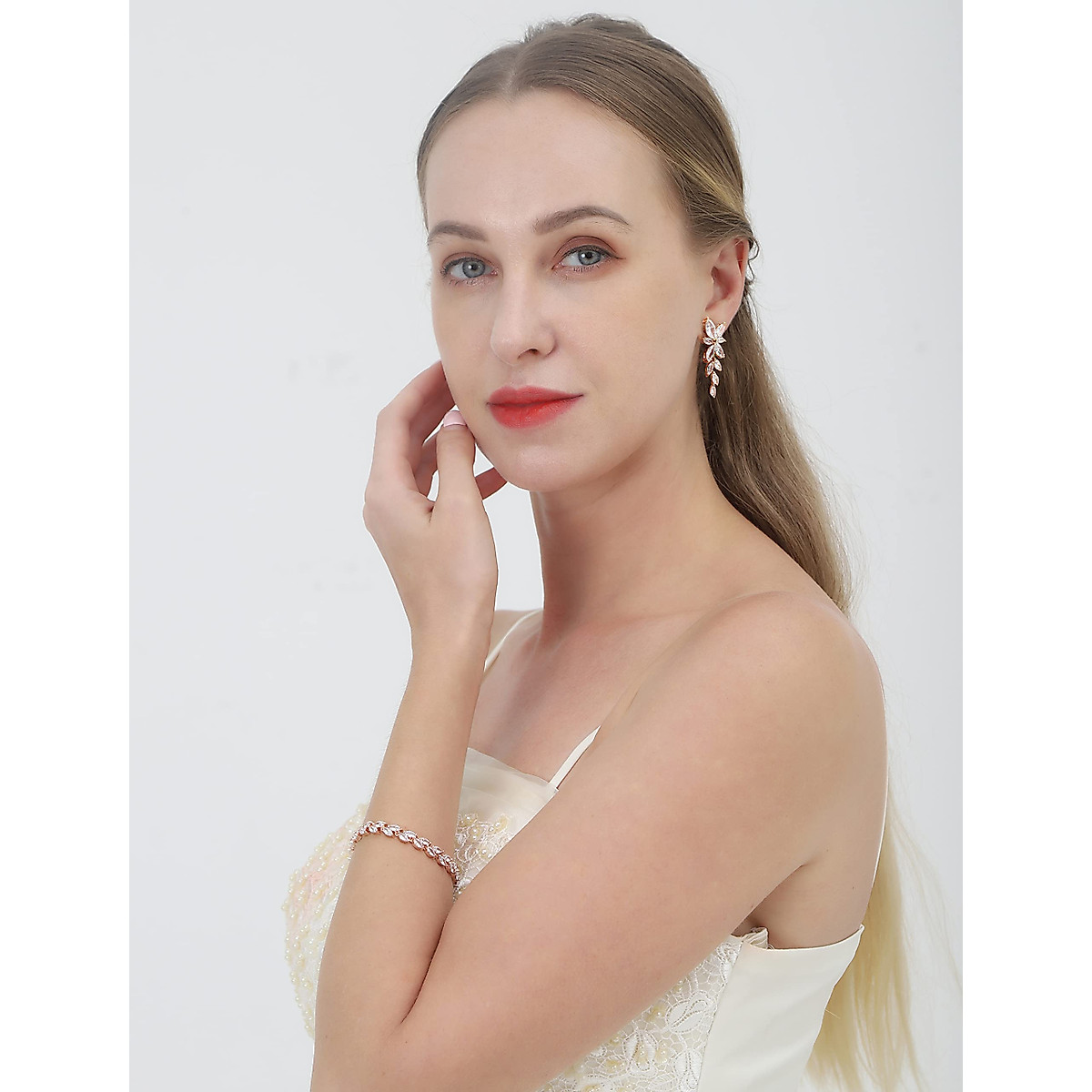 UDYLGOON Elegant Marquise Cubic Zirconia Wedding Earrings Bracelet Jewelry Set for Bridesmaid Wedding Prom Homecoming (Rose Gold)