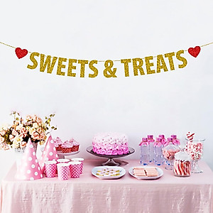Sweets & Treats Banner, Gold Gliter Bunting Sign for Birthday/Engagement/Wedding/Retirement/Fiesta/Hen party/Graduation/Bridal Shower/Bachelorette Party Decorations