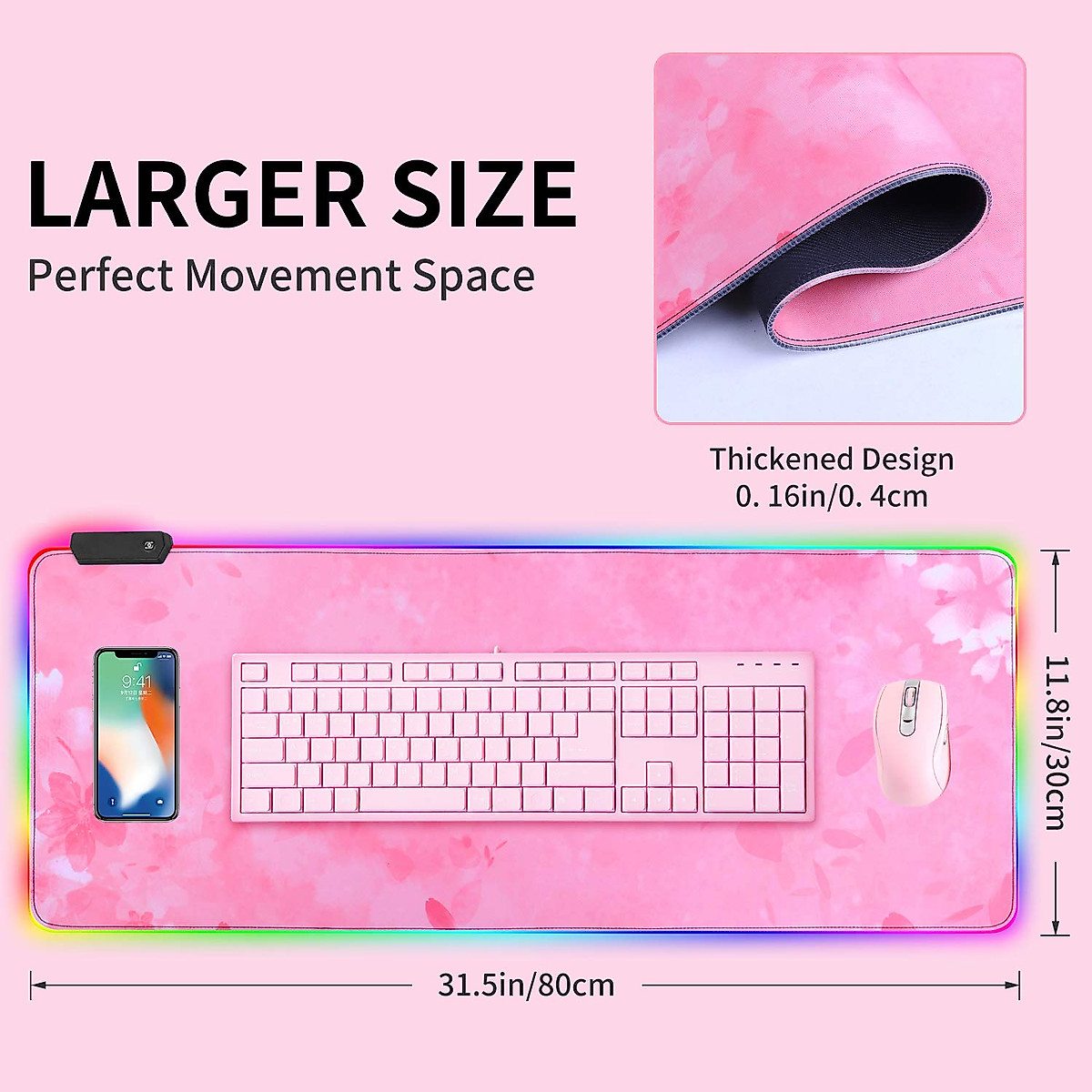 RGB Gaming Mouse Pad, Large Led Mouse Pad with 12 Lighting Modes, Gaming Keyboard Non-Slip Rubber Base PC Gaming Desk Pad,High-Performance Pad Optimized for Gamer,31.5x11.8 inch (Pink)
