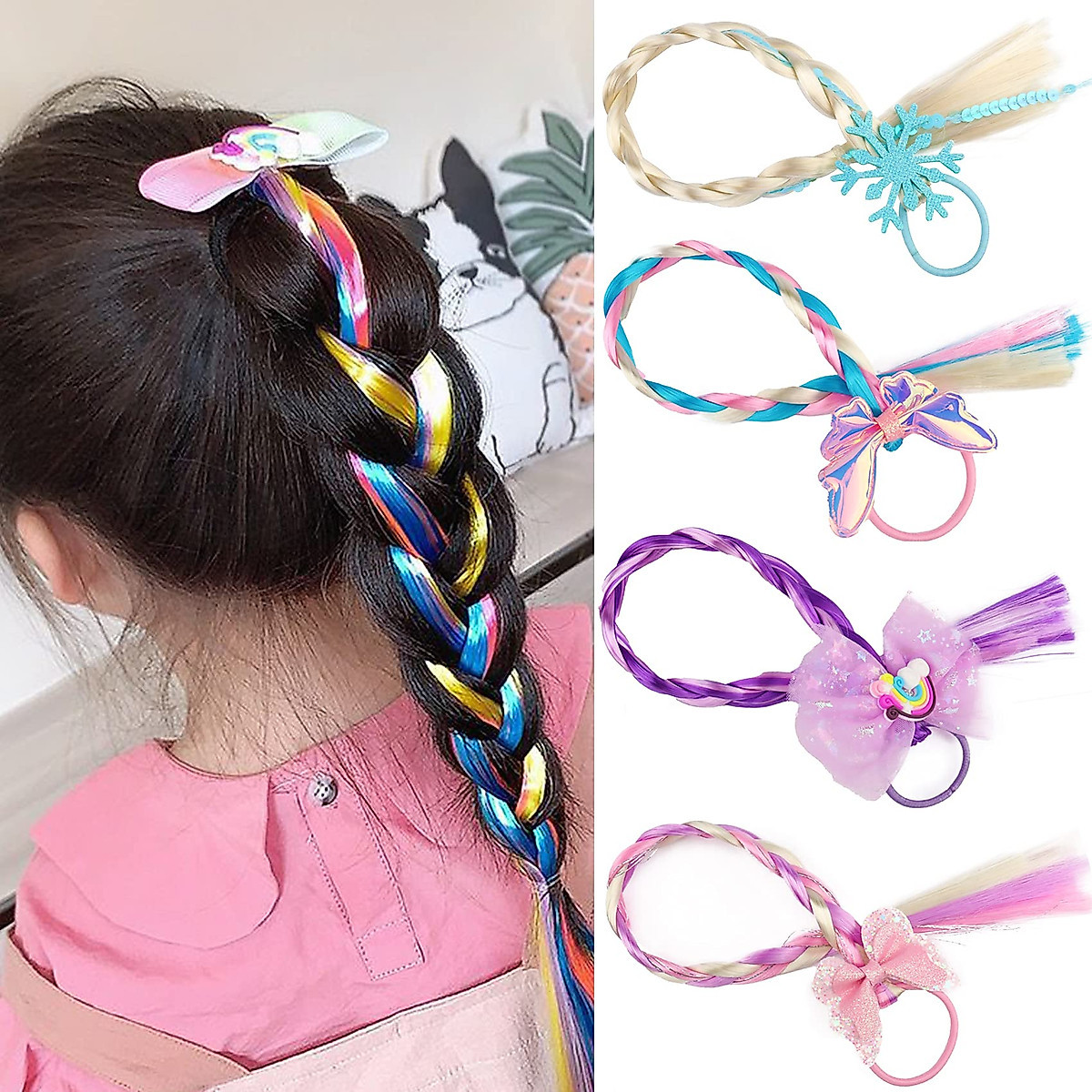 8 Pieces Colored Braids Hair Extensions with Rubber Bands Ponytails Hair Bows Rainbow Color Synthetic Hairpieces Glitter Braided Hair Extensions for Women Kids Girls Party Highlights Cosplay Dress Up