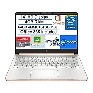 HP 2021 Newest Stream 14" HD SVA Laptop Computer, Intel Celeron N4000 Processor, 4GB RAM, 128GB Space(64GB eMMC+64GB MSD), Office 365, HDMI, USB-C, Windows 10, Rose Gold, AllyFlex MP, Online Class