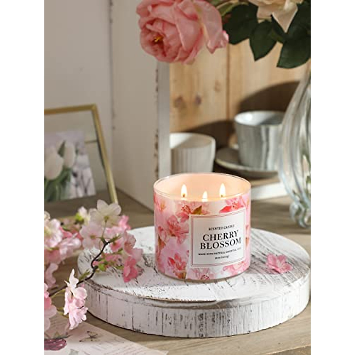 Spring Candle Cherry Blossom Scented Candle 3 Wicks Large Jar, 14 oz