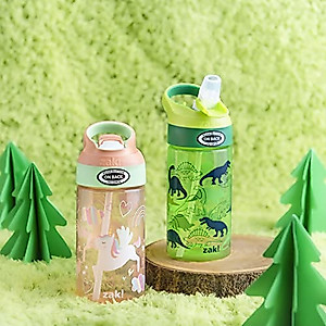 Zak Designs 16oz Riverside Kids Water Bottle with Spout Cover and Built-in Carrying Loop, Made of Durable Plastic, Leak-Proof Water Bottle Design for Travel (Unicorn & Dino Camo, Pack of 2)