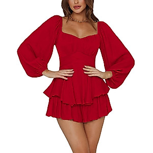 LYANER Women's Jumpsuit Lantern Long Sleeve Ruffle Layer Tie Mini Short Romper Red Medium