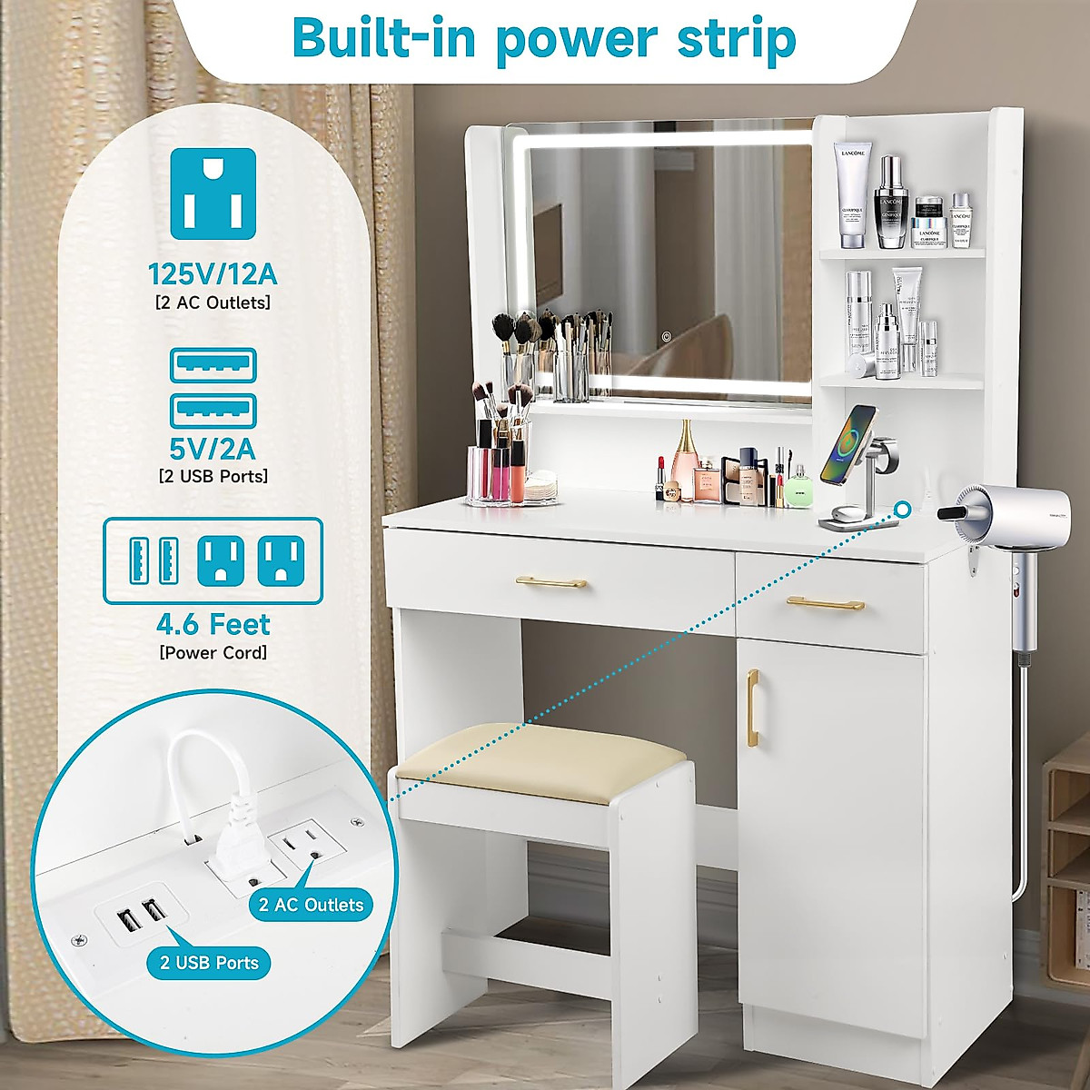 QUALIKRAFT Vanity Set, Vanity Desk with Mirror and Lights, Vanity Desk with Drawers, Vanity with Charging Station, Vanity with Chair, Vanity with Storage, White Vanity, Makeup Vanity，Bedroom Vanity