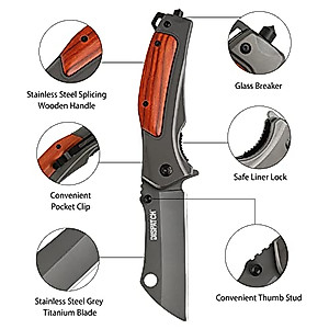 DISPATCH Tactical Folding Pocket Knife, Grey Titanium Blade, and Stainless Steel Wood Handle Hunting Hiking EDC Knife for Women, Camping Outdoor Gifts for Men Dad Husband, Unique Birthday Gift for Lovers