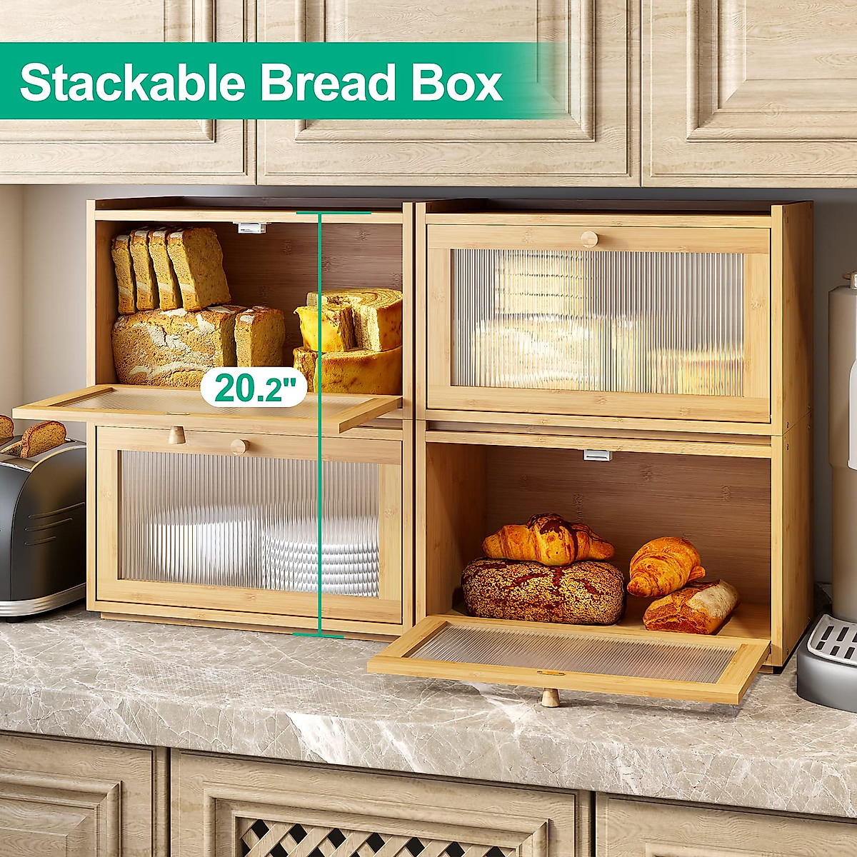 kiplant Large Bread Box for Kitchen Counter, Bamboo Bread Storage Container with Wavy Arcylic Transparent Door, Bamboo Wooden Farmhouse Bread Box for Your House