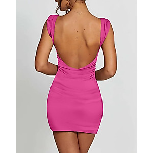 HYPERFIRE Women's Summer Square Neck Low Back Dress Split Hem Ruched Bodycon Mini Short Dresses Backless Sundress Hot Pink X-Small