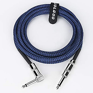 JOLGOO 1/4 Inch Cable Guitar Cable 10 Ft Straight to Right Angle 1/4 Inch 6.35mm Plug Bass Keyboard Instrument Cable Blue and Black Tweed Cloth Jacket, electric mandolin, pro audio