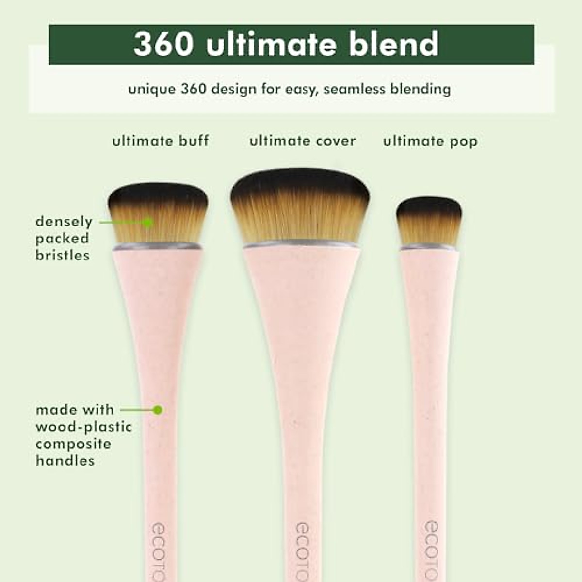 EcoTools 360 Ultimate Blend Makeup Brush Kit, For Cream, Liquid, & Powder Foundation, Blush, & Bronzer, Buff & Blend Makeup, Full Coverage, Dense Bristles, Vegan & Cruelty-Free, 3 Piece Set