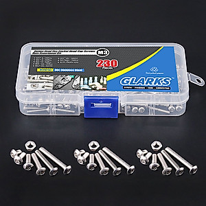 Glarks 230Pcs M3 Stainless Steel Allen Hex Drive Button Head Socket Cap Bolts Screws Nuts Assortment Kit (M3)