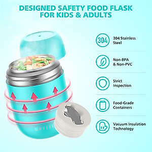 Insulated Food Jar WayEee Vacuum Bento Box Lunch Containers 16 oz for Kids Adults, Stainless Steel Leak Proof Wide Mouth Food Soup Thermos with Spoon Keeps Food Hot Cold for School Travel Picnic -Blue