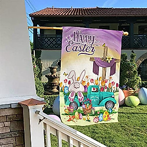 Easter Flag, Happy Easter Flags for Outdoors 28 x 40 Double Sided, Easter Bunny Eggs with Blue Truck Tulip Flowers Burlap House Flag, Holiday Spring Garden Yard Lawn Signs for Home Outside