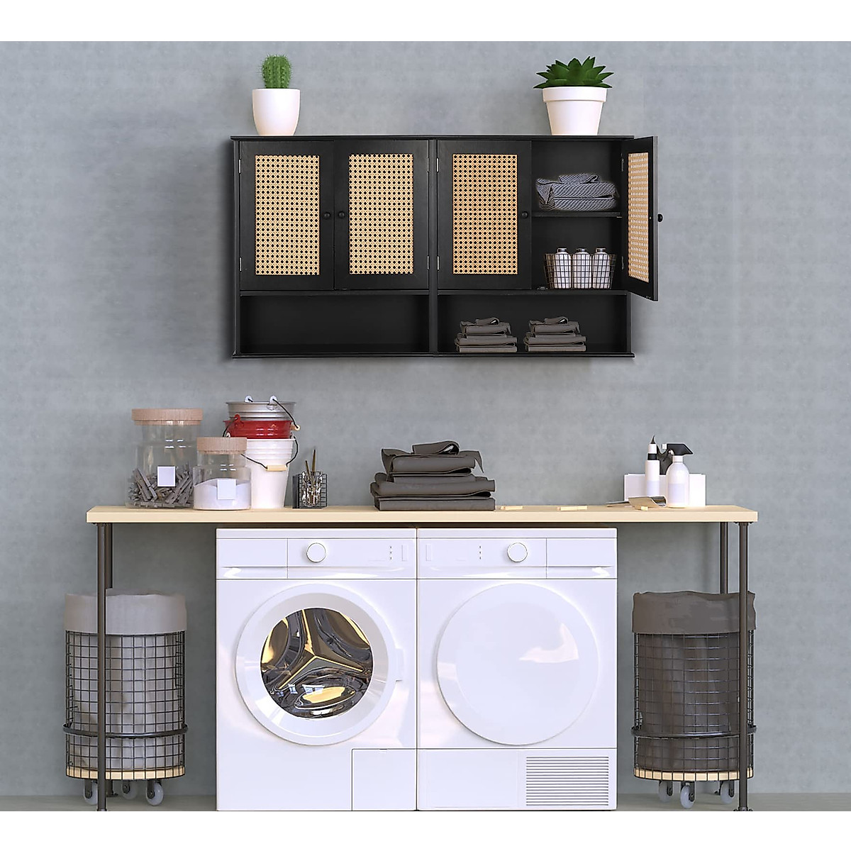 Bathroom Medicine Cabinet Wall Mounted,Black Rattan Storage Cabinet,Towel Cabinet for Bathroom Storage Over the Toilet,Floating Cabinet for Small Spaces,Hanging Cabinet for Kitchen Laundry Living Room