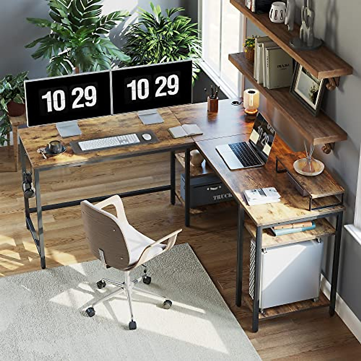 CubiCubi L Shaped Desk with Storage, 94.8 Inch Reversible Corner Computer Desk or 2 Person Long Table Desk, Home Office Large Gaming Writing Storage Workstation with Monitor Stand, Rustic Brown