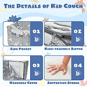 BUPPLEE 2-in-1 Toddler Chairs Comfy, Toddler Couches That Fold Out,Glow in The Dark, Extra Wide Kids Chairs for Toddler, Baby Couch for 1-3 Year Old, Gifts for Girls & Boys, Gray