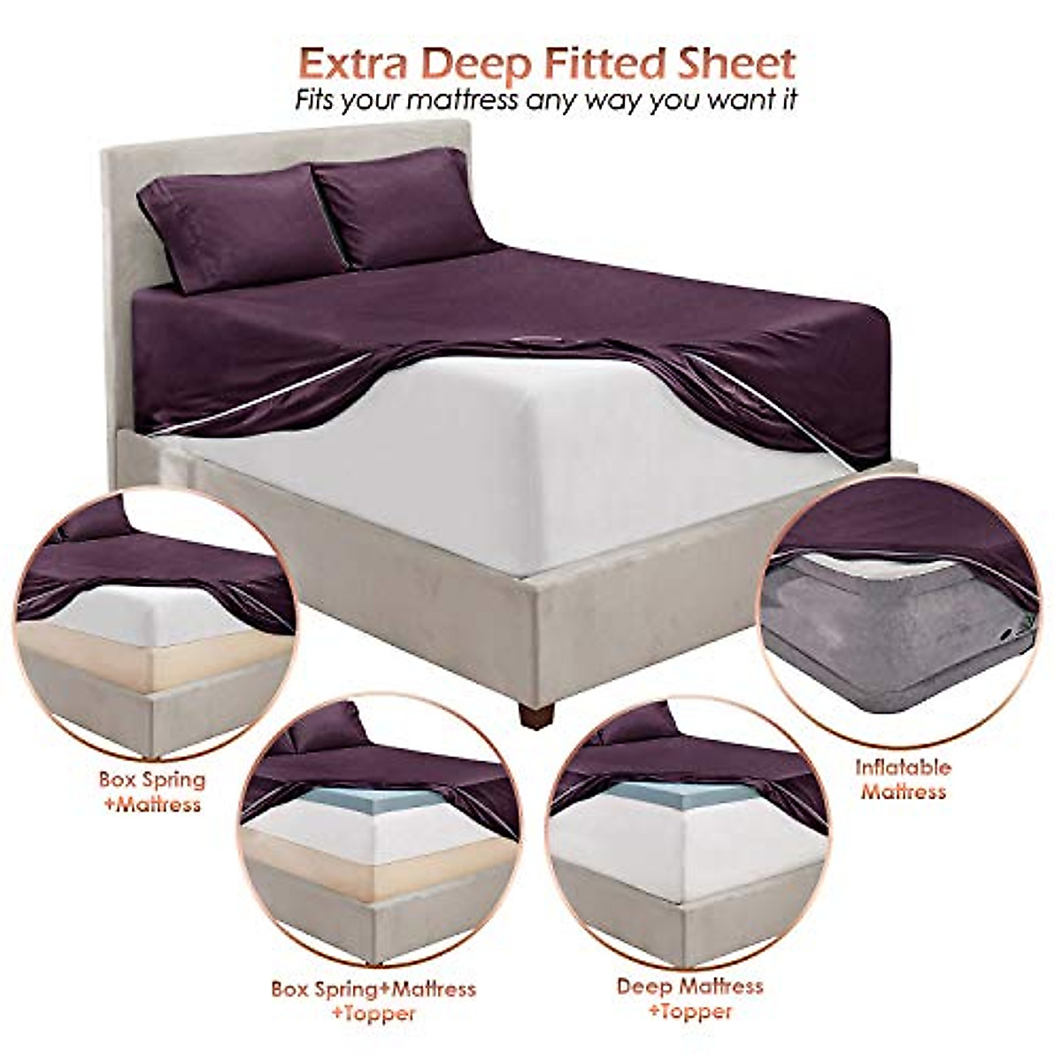 Nestl Extra Deep Pocket Bed Sheet Set – 6-Piece Hotel Bed Sheet Set Deep Pocket Bed Sheets 18-24 Inch Deep Pockets – Fitted Sheet, Flat Sheet and 4 Pillowcases – King – Eggplant Purple
