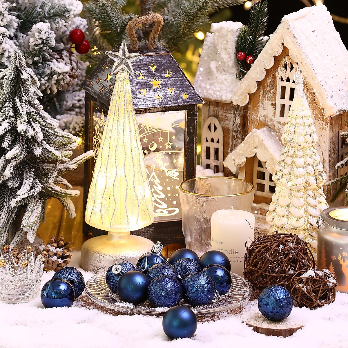 34ct Navy Blue Mini Christmas Ball Ornaments Shatterproof Plastic Christmas Tree Decorations for Xmas Party Home Office Holiday Halloween Decor -Small Size (1.57"/ 40mm)