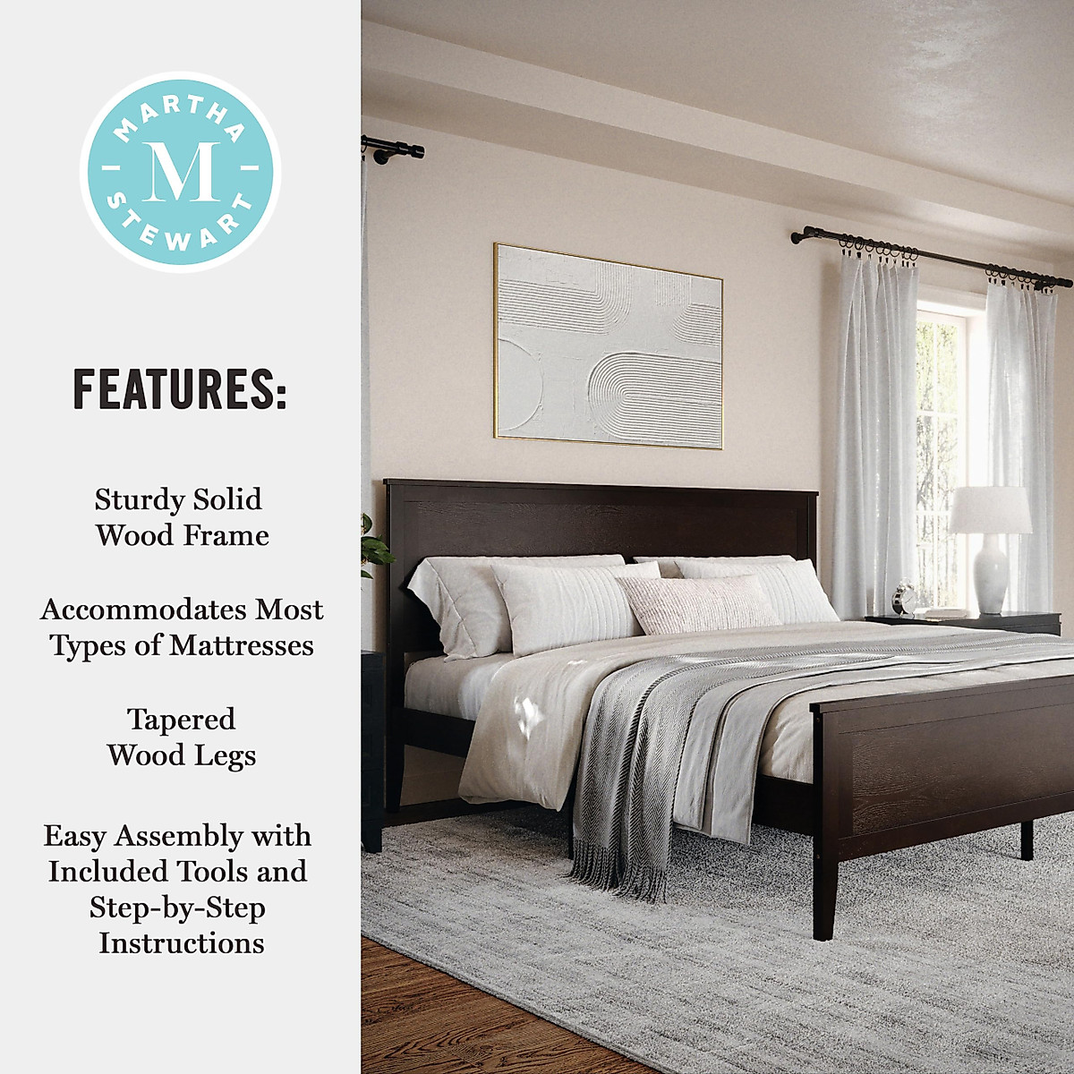 Martha Stewart Corbin Solid Wood Platform Bed with Wooden Headboard and Footboard, Wood Slat Foundation, No Box Spring Needed, King, Dark Brown
