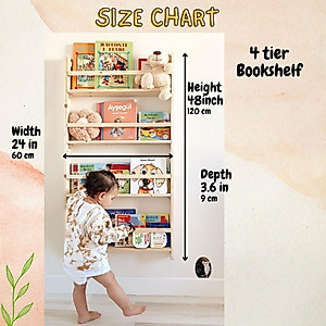 Handmade Solidwood Wall Mounted Montessori Kids Bookshelf, 4 Tier Book Display for Children Bedroom, Nursery Furniture Bookcase, Solid Wood Pine Tree Book Organiser for Living Room (Natural)