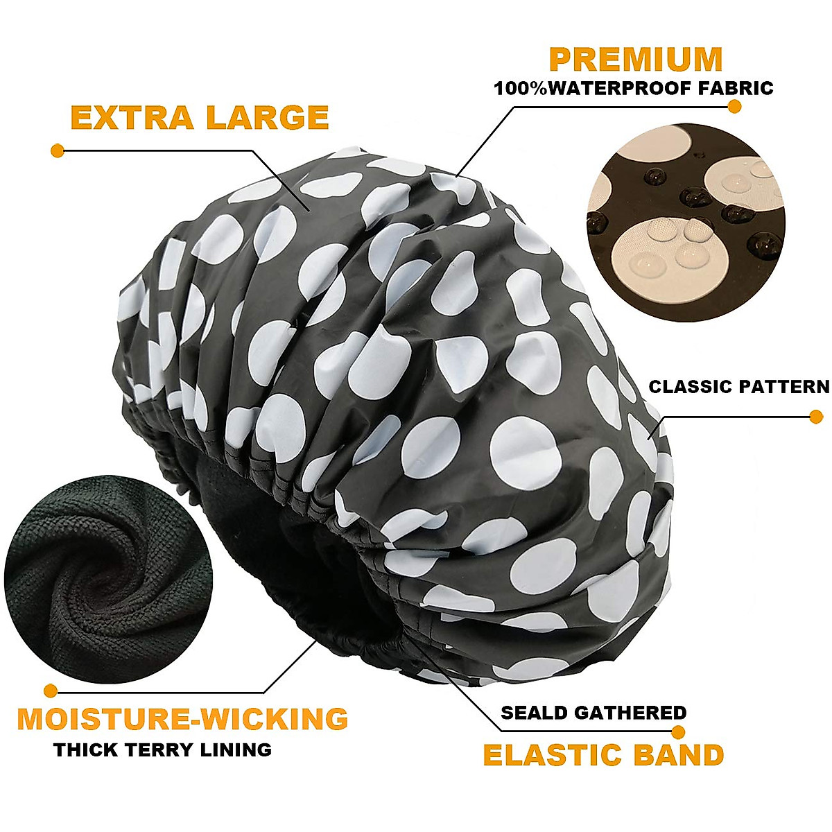 Aunllke Terry Cloth Lined Shower Cap for Women Large Double Layer Shower Cap with Microfiber Dry Hair Function Resuable Waterproof Breathable Bath Cap Black&White Dots Design