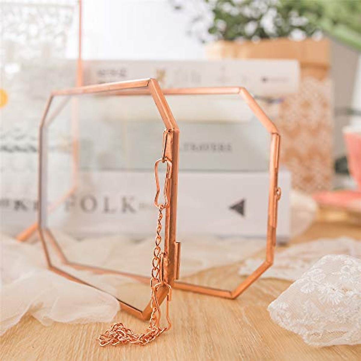 NCYP Wall Hanging 4X6 Inches Octagon Rose Gold Glass Frame for Pressed Dried Flowers, Handmade Double Glass Pure Copper Herbarium Frame, Floating Frame Style, Glass Frame Only