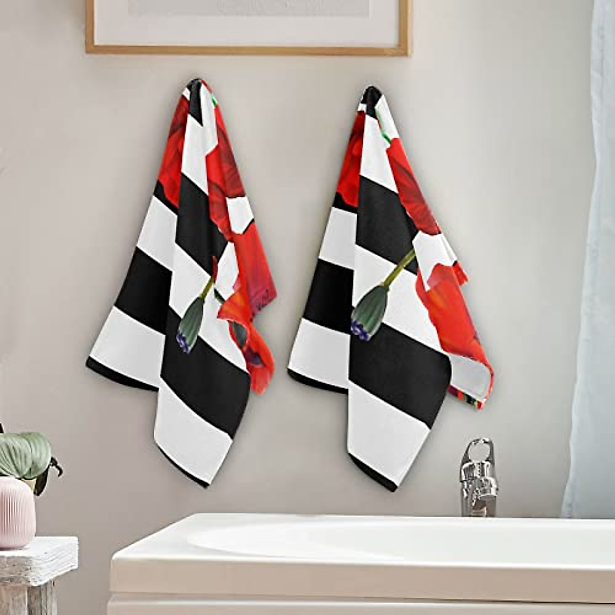 Red Poppy Hand Towels for Bathroom Set of 2 Black and White Striped Nature Botanical Floral Flowers Luxury Towels 16"x28" Soft Absorbent Bathroom Hand Towel for Face,Gym,Spa,Kitchen Dish Tea Towels