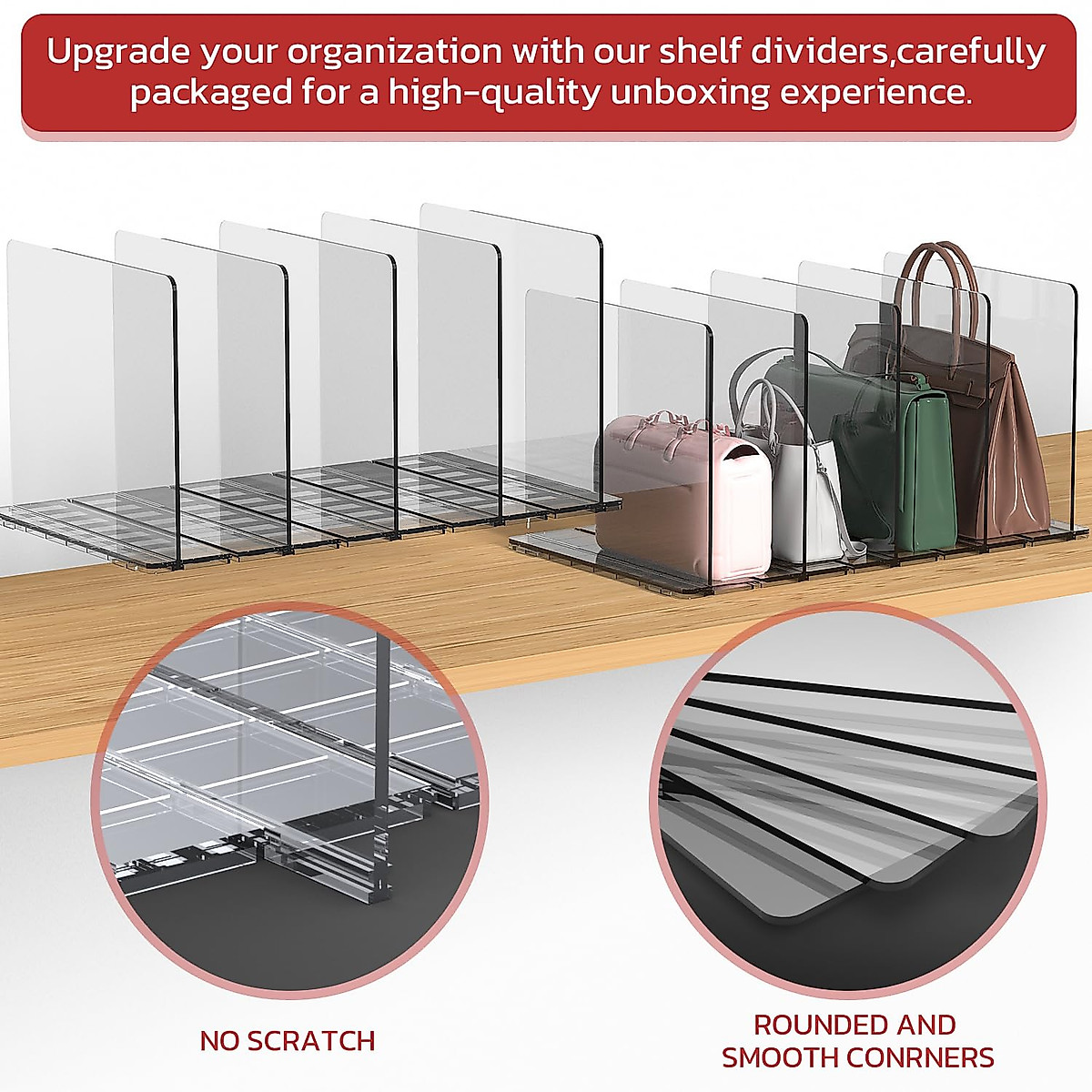 frtzal Purse Organizer for Closet, Shelf Dividers for Closet Organization Adjustable Plastic Handbag Organizers for Closets Purse Storage Organizer (5 layers Tra)