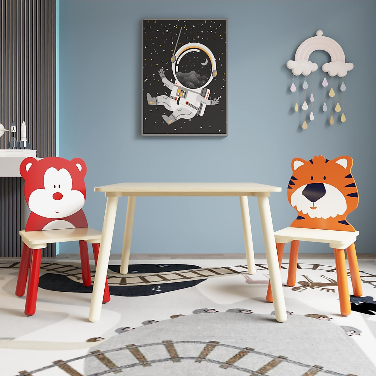 3 Piece Wood Table & Chair Set for Age 2-6 Boy Girl, Wood Activity Table Drawing Play Table Set w/ 2 Animals Chairs for Home, Nursery, Kindergarten, Age 2-6 Boy Girl Activity Table Chair 3 Pieces Set