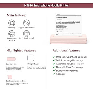 HPRT Portable Printers Wireless for Travel - MT810 Bluetooth Thermal Inkless Compact Printer, Paper Rolls Mobile Printing for Vehicles Office, Compatible with iPhone Android & Laptop