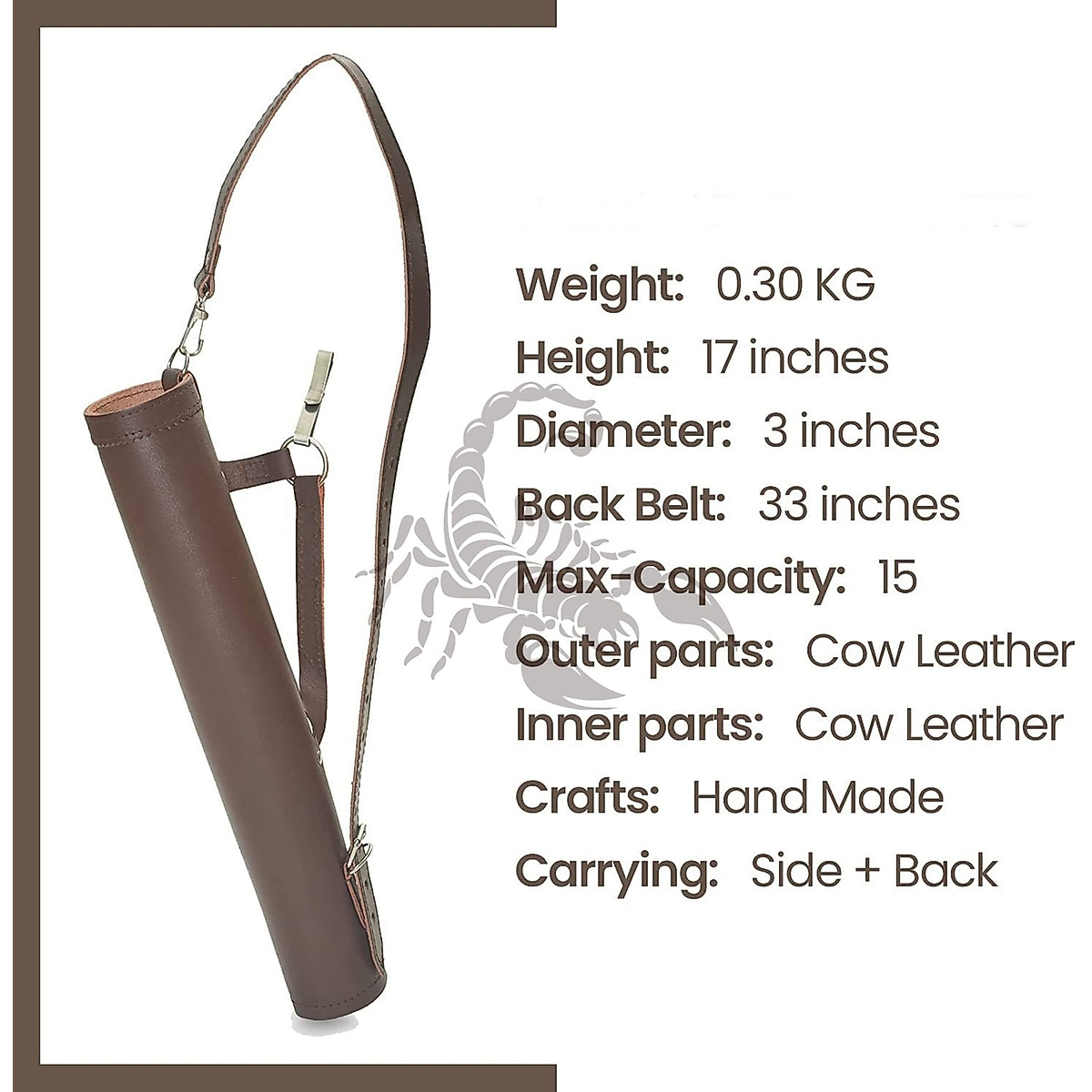 Scorpion Archery Back Arrow Quiver - Genuine Leather Arrow Case - Traditional Handmade Archery Quiver for Hunting & Target Practicing - Adjustable Lightweight & Comfortable Cow Leather) (Brown)