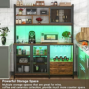 Cyclysio 7-Tier Wine Cabinet with Large Storage Space, Tall Home Bar Cabinet with Power Station & LED Light, Farmhouse Liquor Cabinet with Storage Drawers, Hutch, Wine Rack, Farmhouse