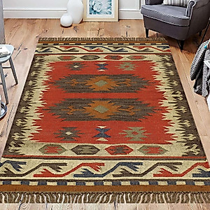 RamVicraft 6x9 Kilim Wool Jute Rug, Natural Handmade Area Rug for Bedroom, Living Room, Dining Room, Hallway, Office, Kitchen, Entryway Carpet for Decorative Use (D-1)