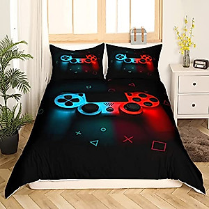 Gamer Duvet Cover for Boys,Gaming Comforter Cover Full,Cool Games Gamepad Bedding Set Kids Teen Game Room Decor Bed Cover,Video Game Controller,Modern Gradient Soft Red and Blue Bedclothes with Zipper