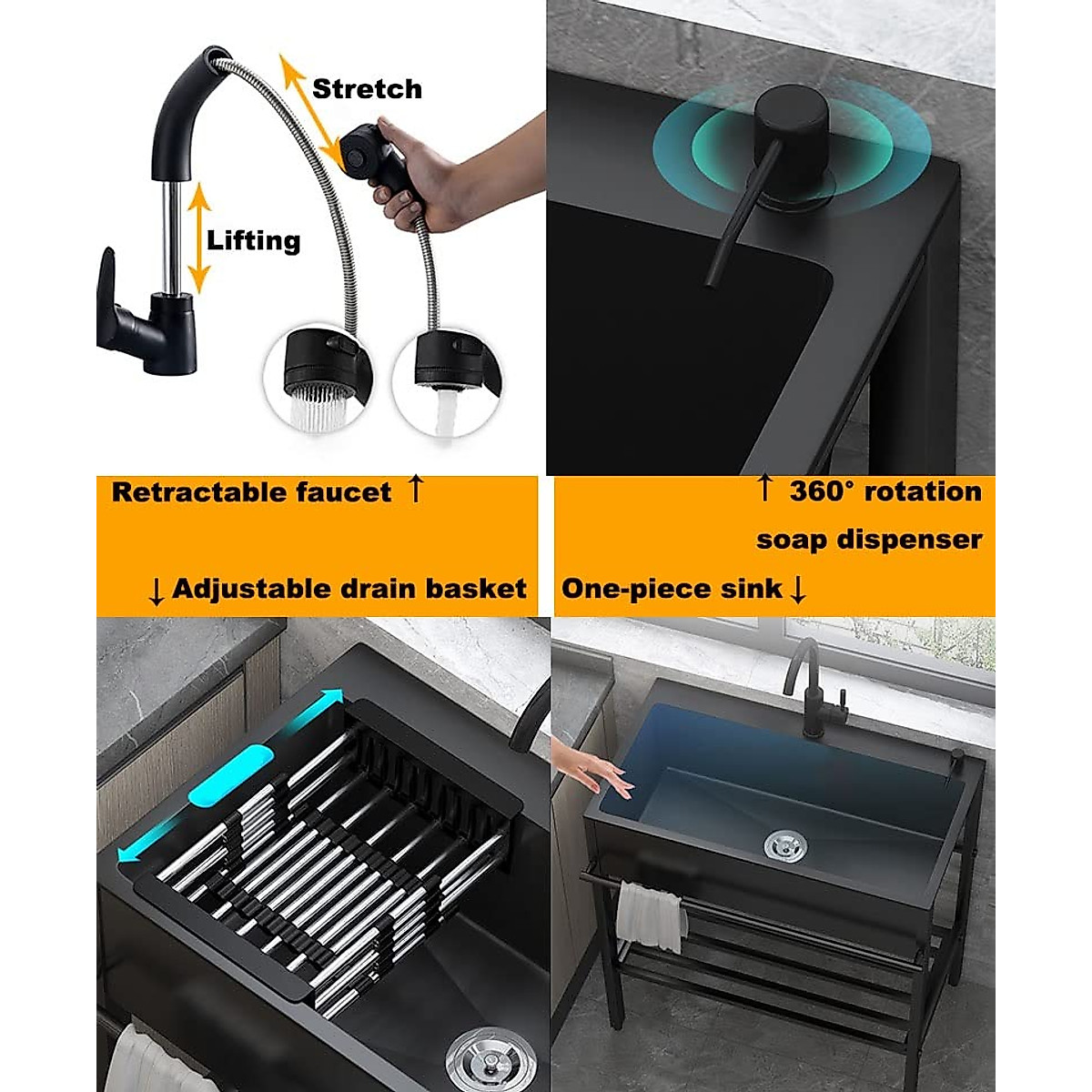 Stainless steel black utility sink, stainless steel, kitchen sink,Eco-friendly paint-free integrated sink with drainer basket, pull-out faucet, drainpipe and filter basket, (Size : 17.7"*32"(45cm*80c