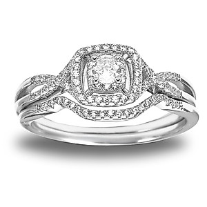 Square Halo CZ Engagement Rings for Women Set Plated White Gold Wedding Rings for Women by Ginger Lyne | Cubic Zirconia Bridal Rings Sets for Her | Half Eternity Wedding Band