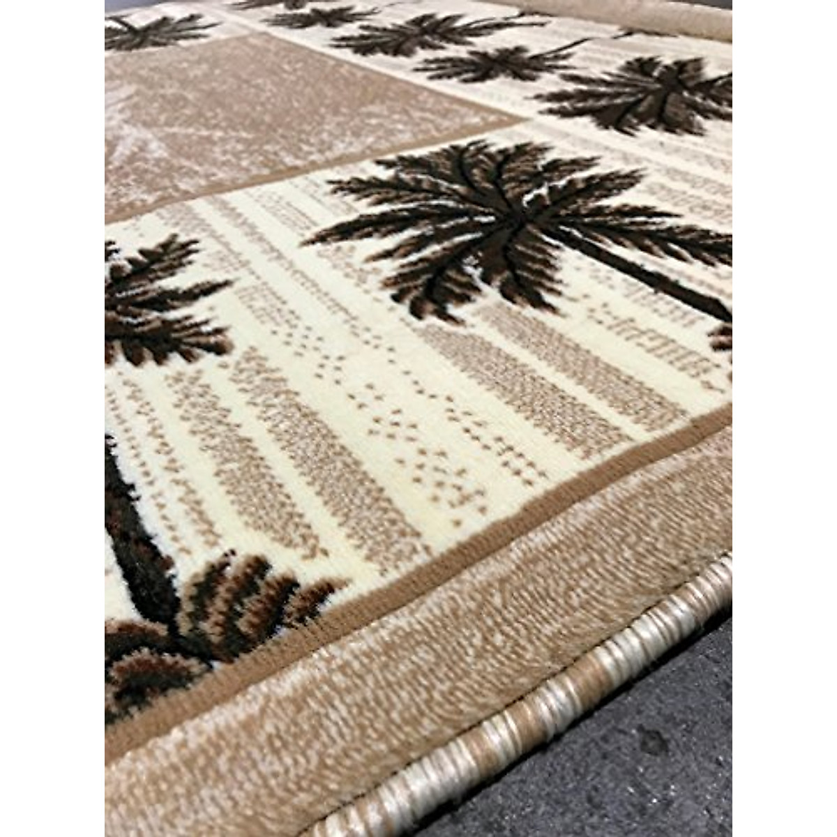 Palm Tree Modern Area Rug Tropical Beige & Green Design 729 (5 Feet X 7 Feet)