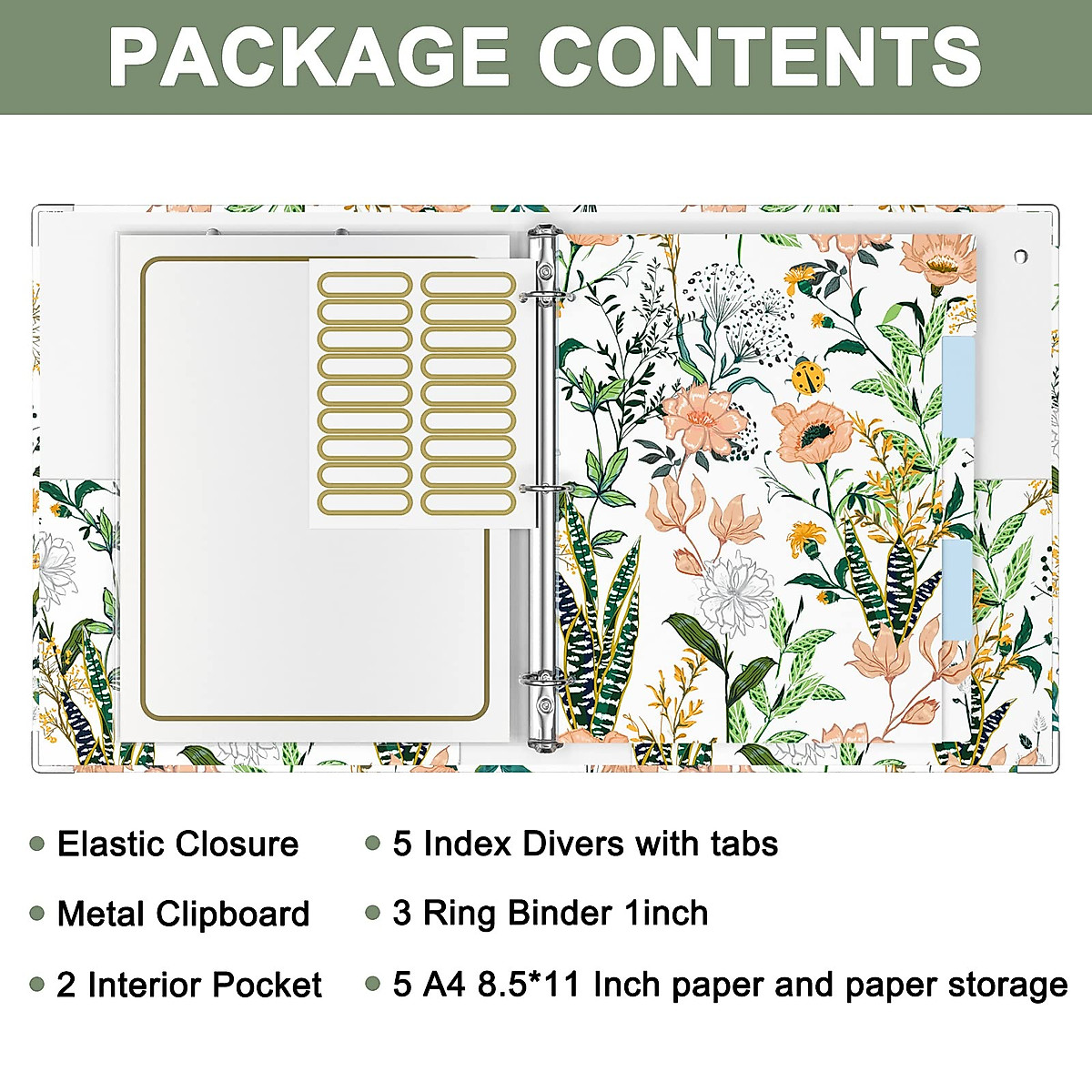 Rouidr 3 Ring Binder with clipboard, 1 inch 8.5 x 11 in Letter Size View Binders Organizer with Dividers Tabs & Clear Sleeves, School Supplies, Office Supplies, Cute Flower