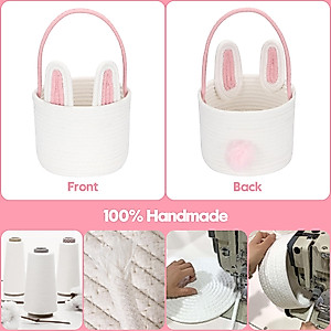 Sea Team Easter Bunny Basket for Eggs Hunt, Easter Eggs Bucket, Small Woven Cotton Rope Tote Bag with Rabbit Ears & Fluffy Tail for Kids, Easter Days Decoration, Party, Holidays, Pink