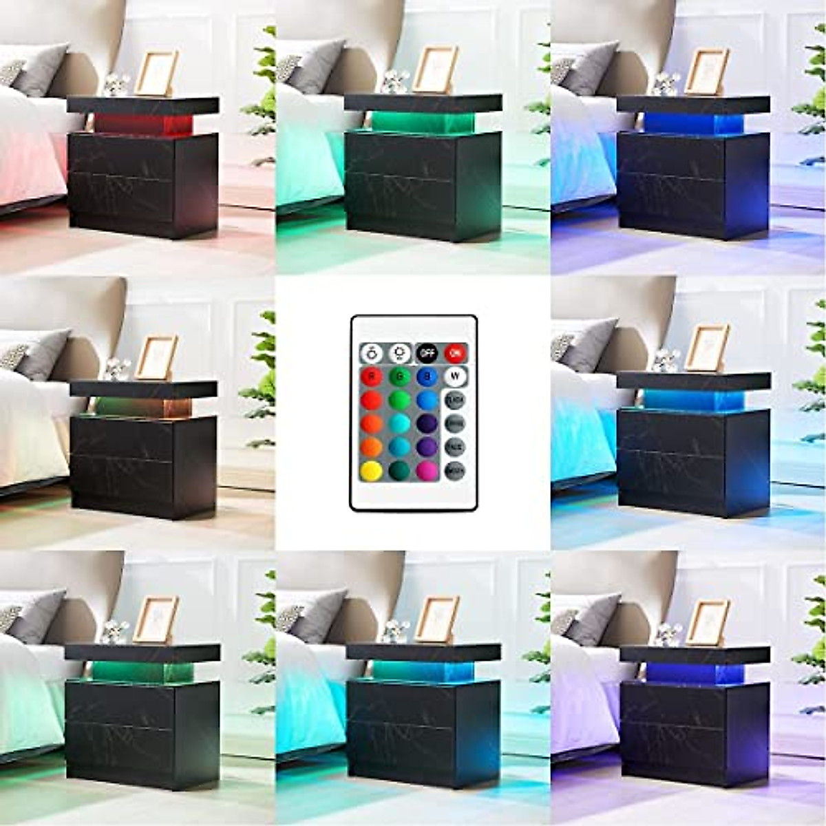 Melon Studio LED Nightstand with Drawers - Stylish Smart Bedside Table with 2 Drawers for Bedroom, Home - Mesa De Noche para Dormitorio - Wooden Nightstand Light RGB with Remote Control - Black