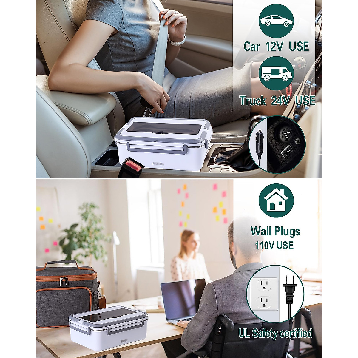 FanFanOK Electric Lunch Box 80W Heated Lunch Boxes for Adults Work/Car/Truck/Home, 1.8L Portable Food Warmer Heating Lunchbox with Insulated Lunch Cooler Bag 12V 24V 110V