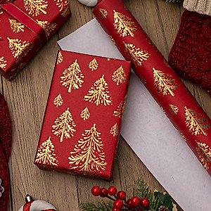 Flyhill Kraft Christmas Wrapping Paper-17inch*32.8ft（46.8sq.ft.ttl Per Roll- Red and Gold 3D Embossed Foil Christmas Trees Design for New Year,Birthday,Party,Craft & Art