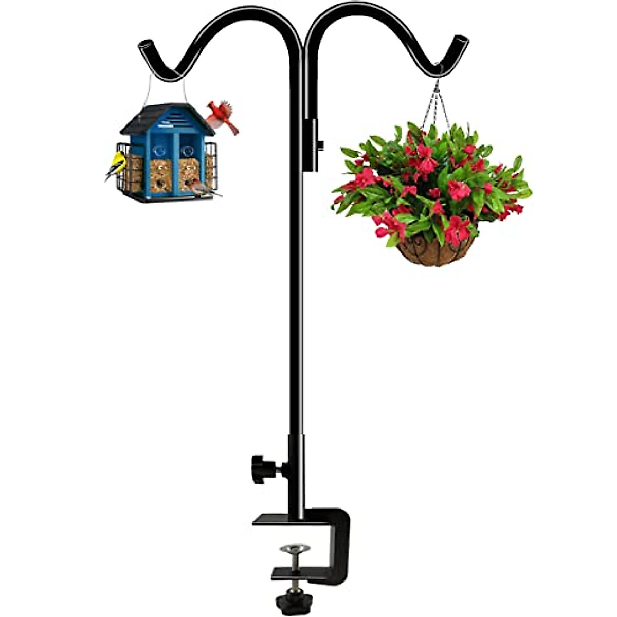Koutemie 40 Inch Tall Double Deck Hook for Railing, Adjustable Outdoor Shepherds Hook with 2-Inch Strengthened Clamp for Hanging Plant Bird Feeder, 1 Pack