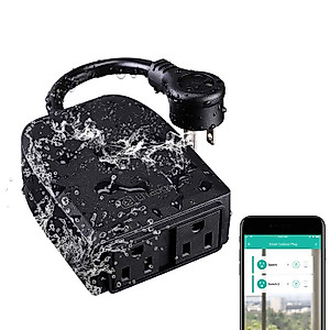 LITEdge Outdoor Smart Plug, WiFi 2-in-1 Plug Power Outlet, Compatible with Google Home & Alexa, APP Cordless Remote Control Smart Outlet Socket, Remote Control, Timer, Waterproof