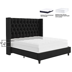 Jocisland Queen Bed Frame Wingback Headboard Upholstered Bed Velvet Tufted Deep Button/No Box Spring Needed/Easy Assembly/Black