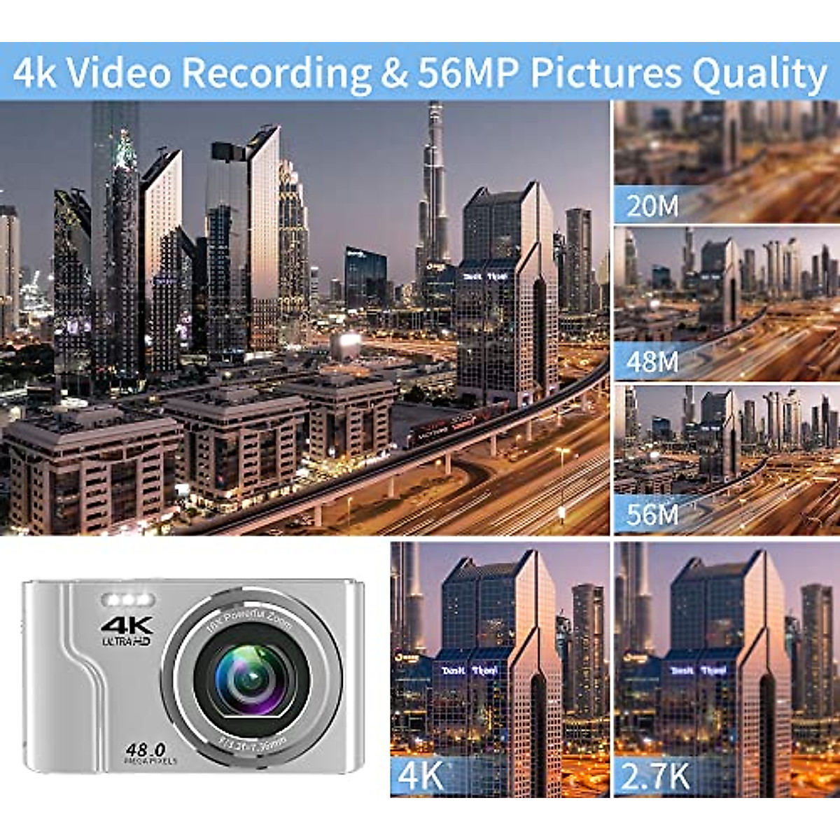 Saneen Digital Camera, 4K Kids Cameras for Photography, 48MP Compact Point and Shoot Photography Cameras for Teens, Kids, Elder, Beginners, 16X Digital Zoom, with 32GB SD Card & 2 Batteries - Silver