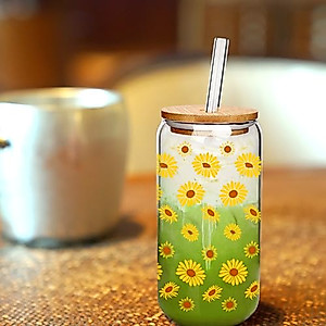 Sunflower Gifts for Women, Glass Cups with Lids and Straws, 18OZ Glass Cups, Drinking Glasses, Iced Coffee Glasses Cup, Smoothie Cups, Tumbler Glass, Reusable Cup Drinking Glasses -Set of 1