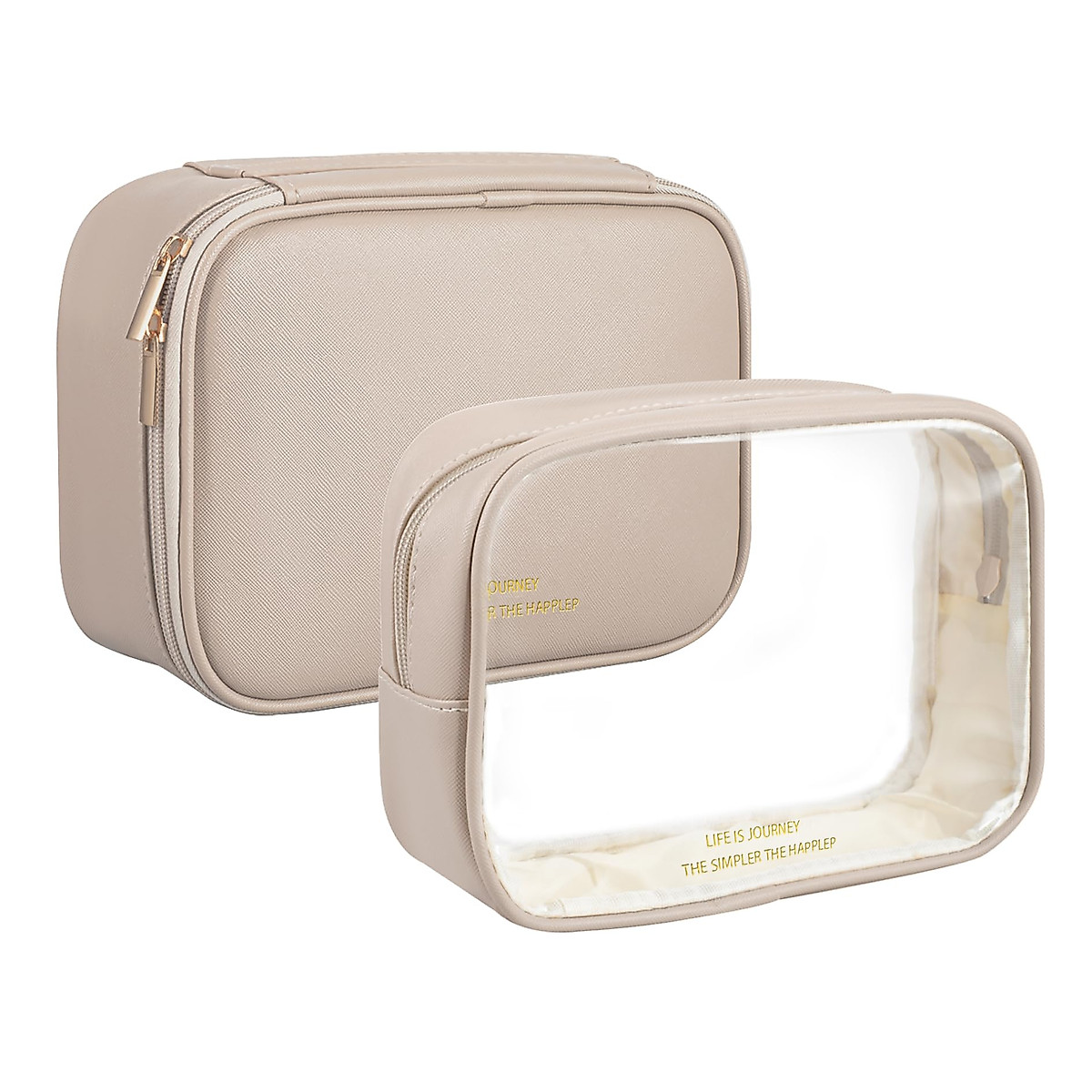 rewhaw 2Pack Travel Makeup Bag Beige Cosmetic Bags for Women Clear Toiletry Bags Cosmetic Bags for Women Make up Travel Bags Organizer for Girls,Makeup Bag Set of 2