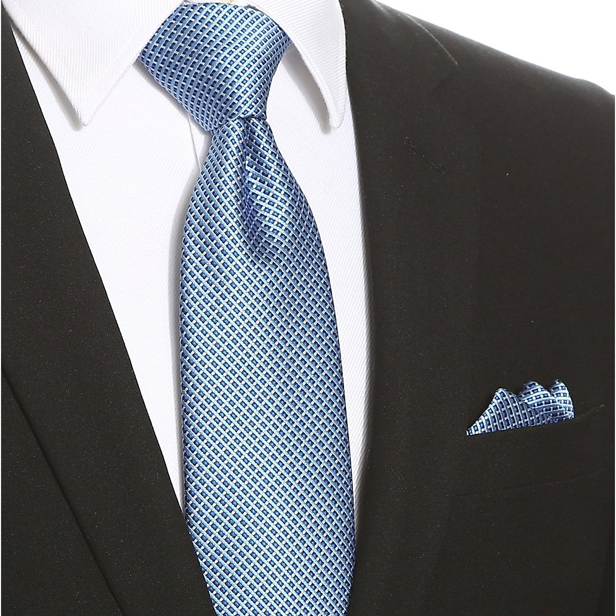 KissTies Mens Blue Tie Set Checkered Necktie Blue Ties + Pocket Square