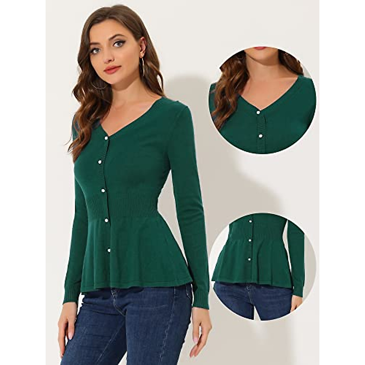 Allegra K Knit Peplum Tops for Women's Ribbed V Neck Long Sleeve Peplum Sweaters Small Dark Green